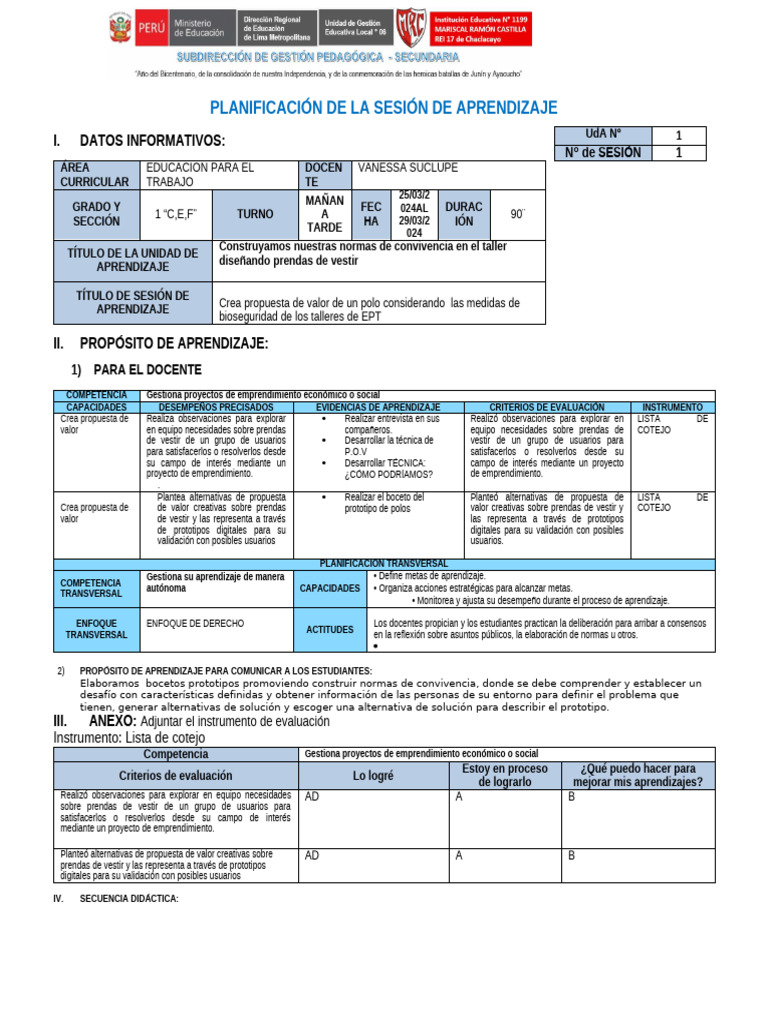 Sesión de Aprendizaje N°1 PRIMERO 2024 | PDF | Evaluación | Aprendizaje