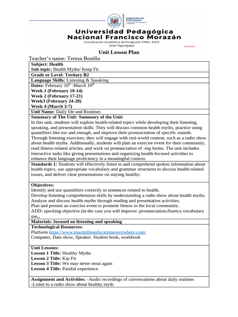 Unit Lesson Plan-Teresa Bonilla | PDF | Reading Comprehension | Applied ...