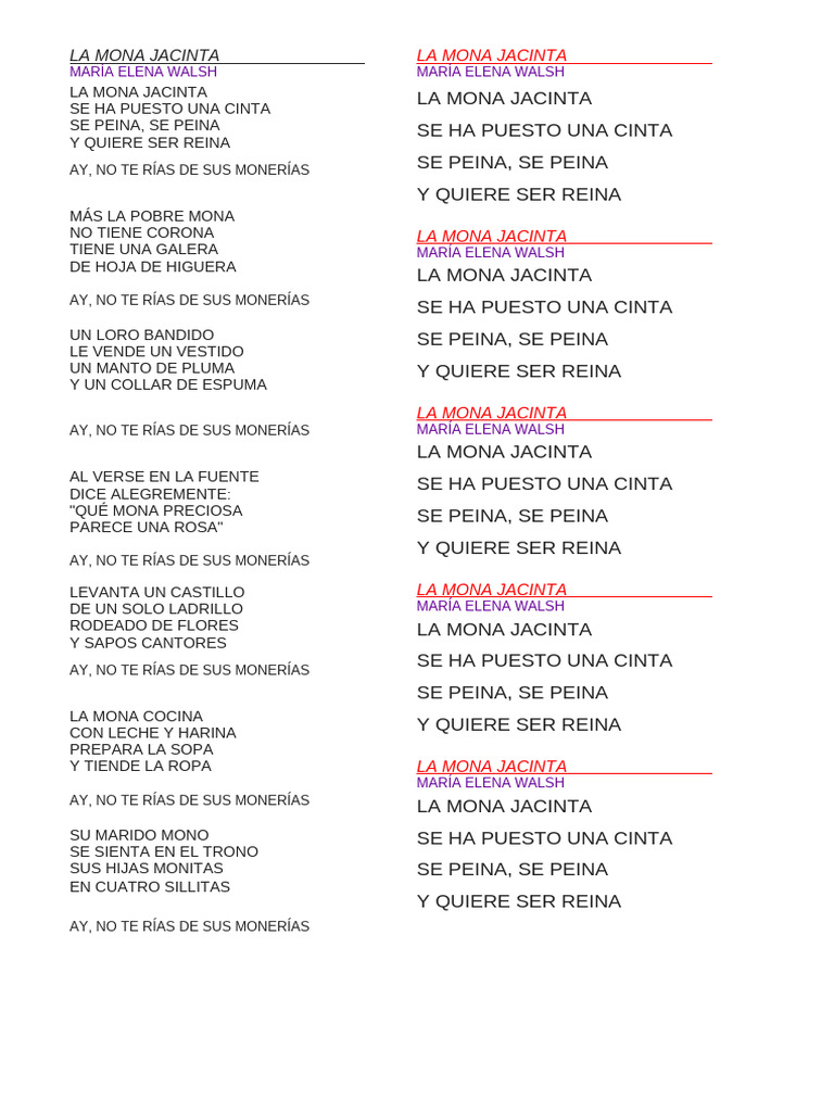 La Mona Jacinta Letra | PDF