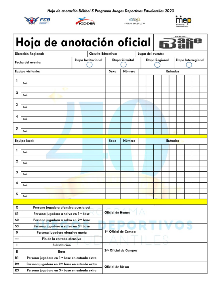 Hoja de Anotacion Beisbol 5 PJDE | PDF