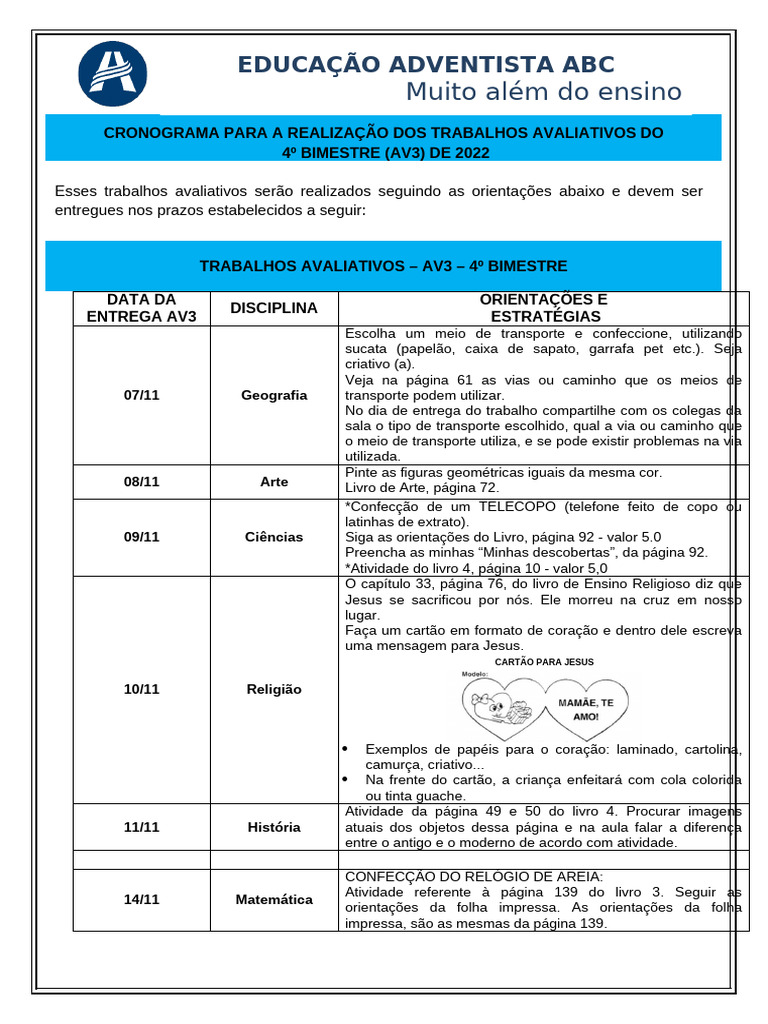Cronogramas de Trabalhos Avaliativos - Av3 - 3º Bimestre | PDF | Livros