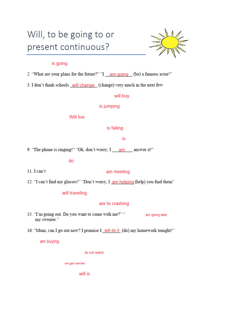 Will, To Be Going To or Present Continous (Terminado) | PDF