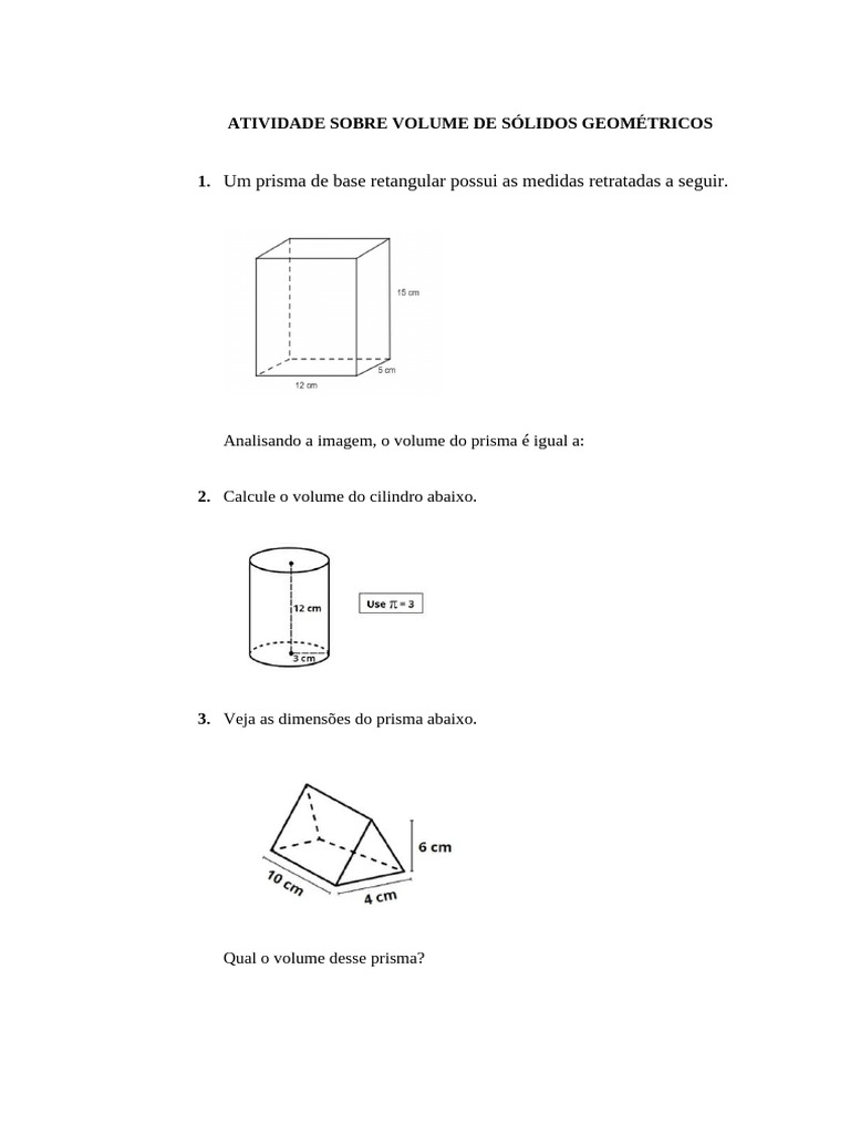 Atividade Sobre Volume de Sólidos Geométricos | PDF