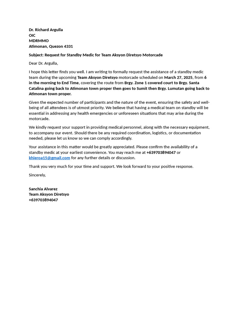 Standby Medic Request for Motorcade | PDF