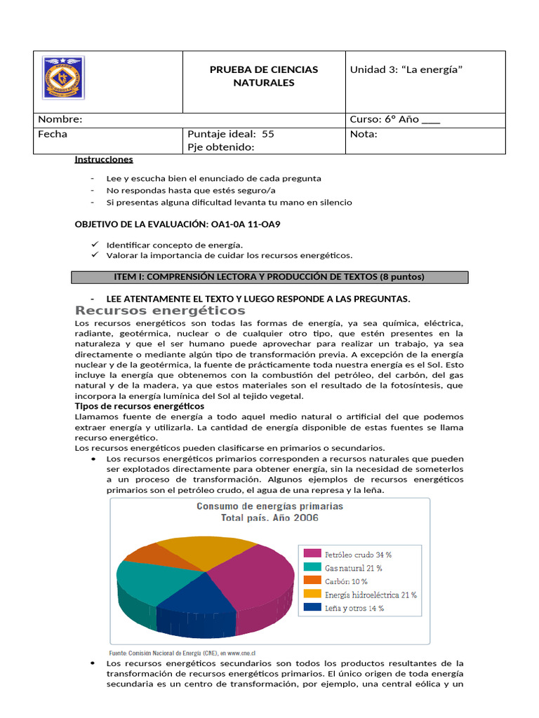 Prueba - La - Energia - 6to Basico | PDF | Energía renovable | Energía ...