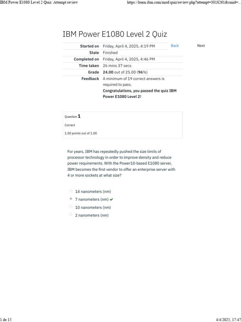IBM Power E1080 Level 2 Quiz - Attempt Review2 | PDF | Computing | Computer Engineering