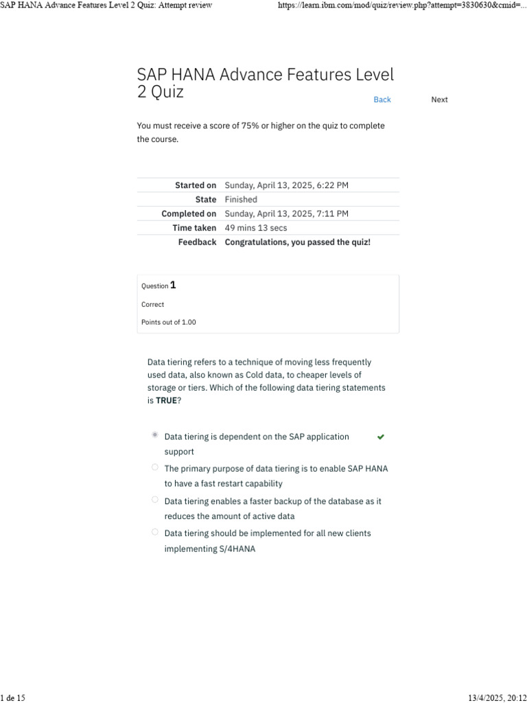 SAP HANA Advance Features Level 2 Quiz - Attempt Review | PDF | Virtualization | Cloud Computing
