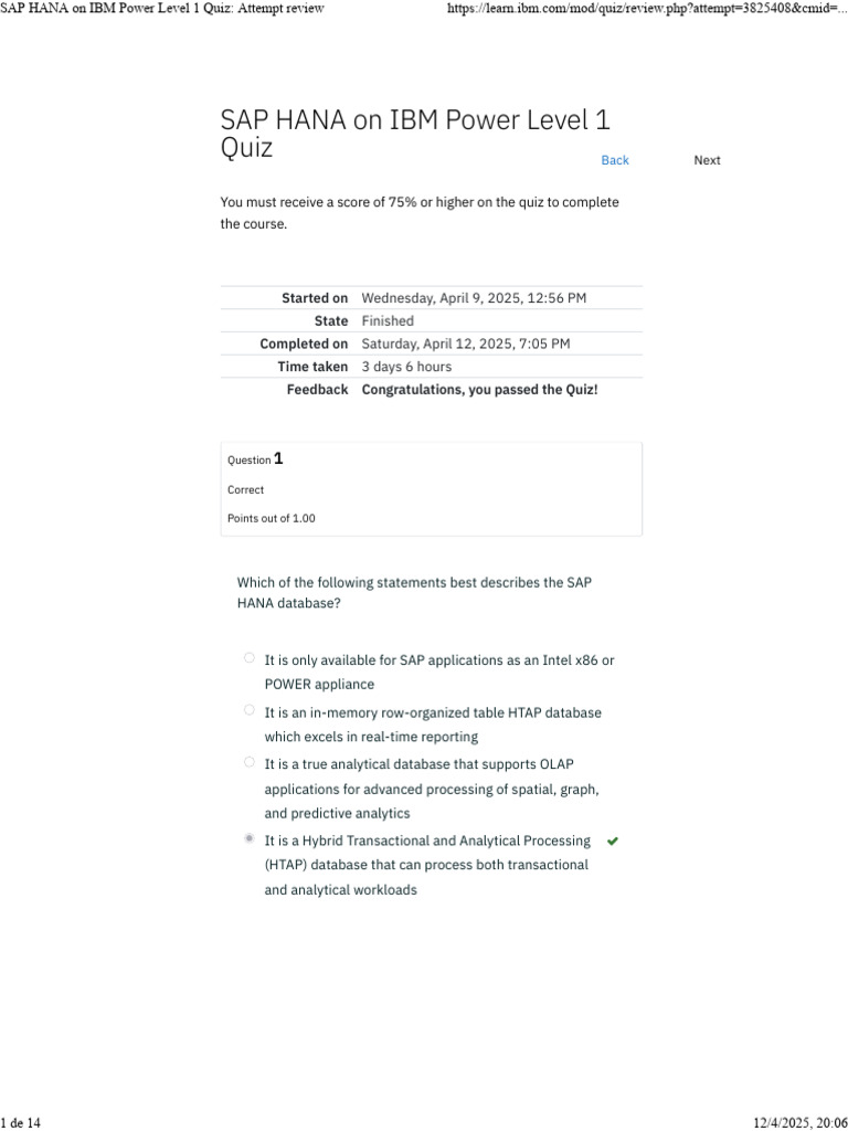 SAP HANA On IBM Power Level 1 Quiz - Attempt Review | PDF | Virtualization | Computing