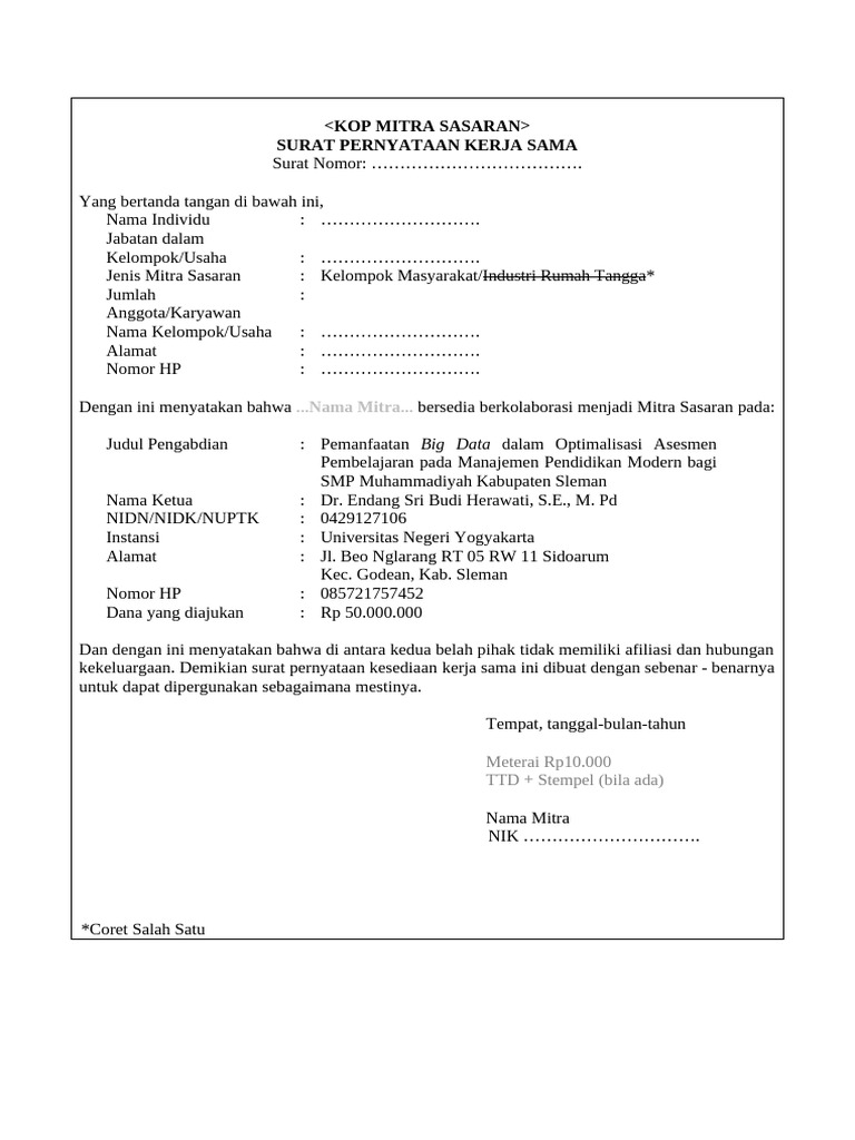 Template Surat Pernyataan Kerja Sama Mitra Sasaran - 7f1f4bcb | PDF