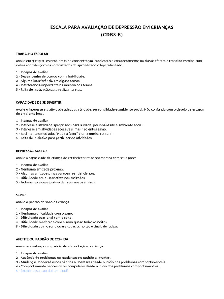 Escala para Avaliação de Depressão em Crianças - CDRS-R | PDF ...