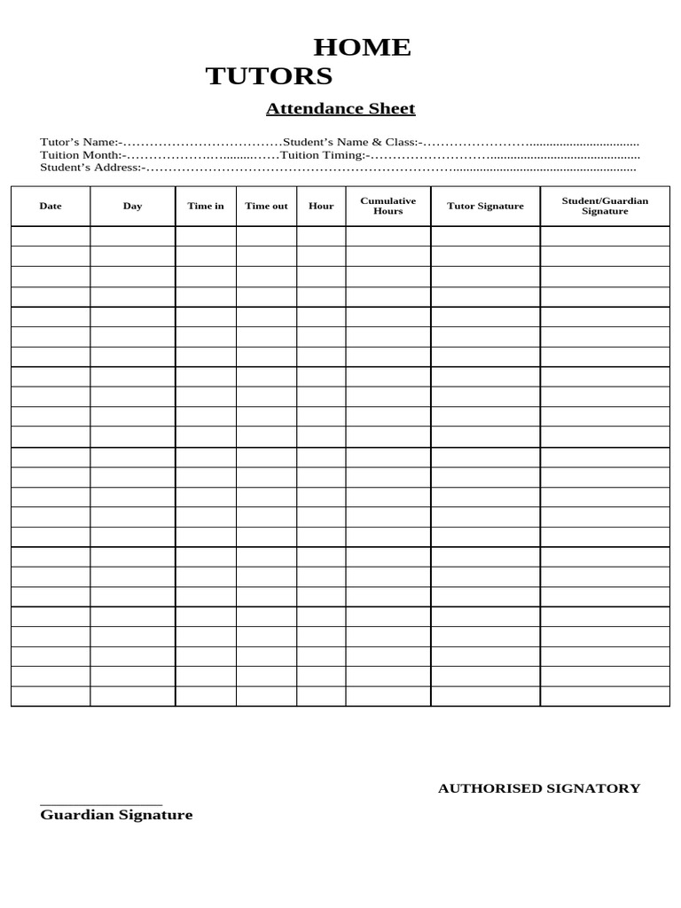 Attendance Sheet-3D Home Tutors | PDF