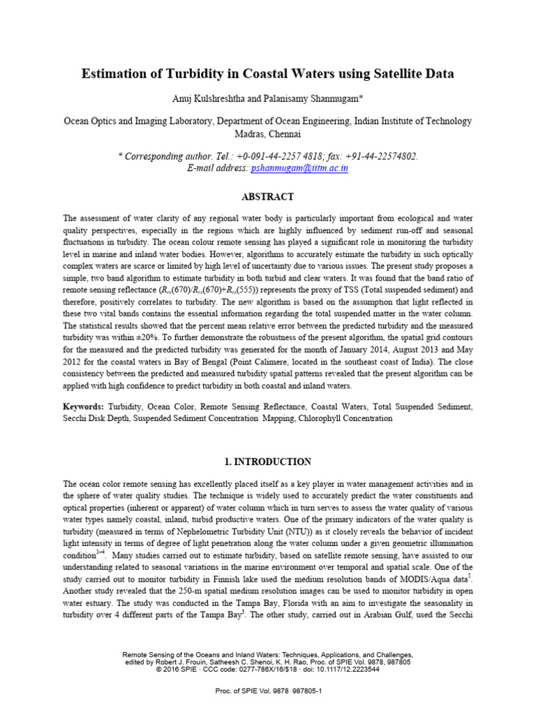 Estimation of Turbidity in Coastal Waters Using Satellite Data | PDF | Remote Sensing | Infrared