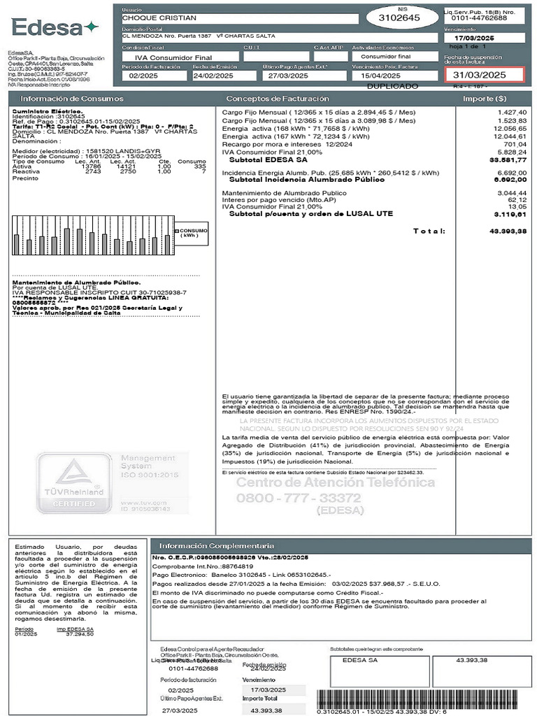 Factura Edesa 30-03-2025 | PDF | Factura