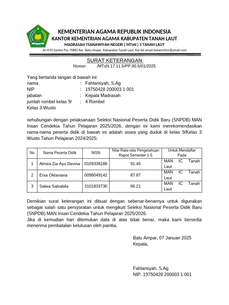 Rekomendasi Siswa SNPDB MAN IC 2025 | PDF