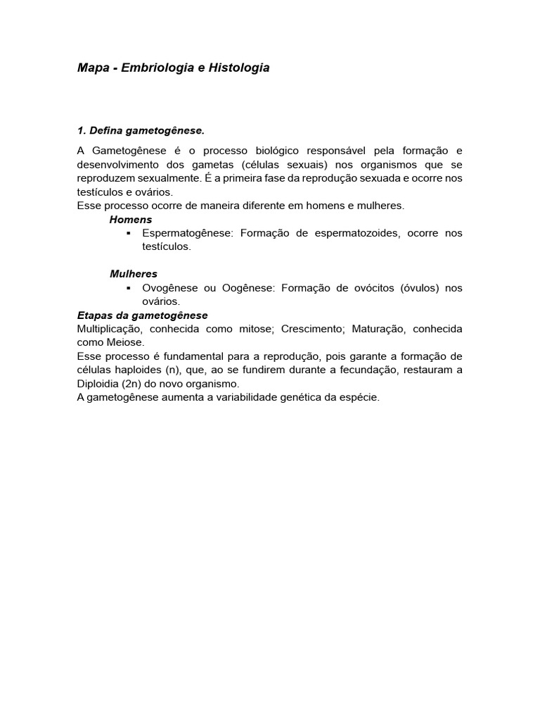 Mapa - Embriologia e Histologia | PDF | Fertilização | Ciências da Vida