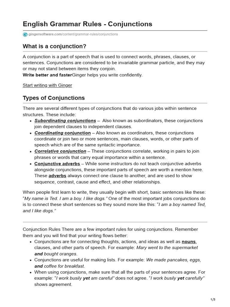 English Grammar Rules - Conjunctions | PDF | Sentence (Linguistics ...
