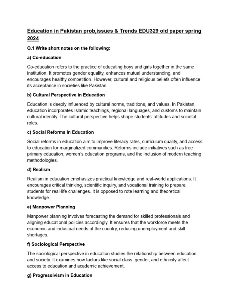 Education in Pakistan Prob Old Paper Spring 2024 | PDF | Literacy ...