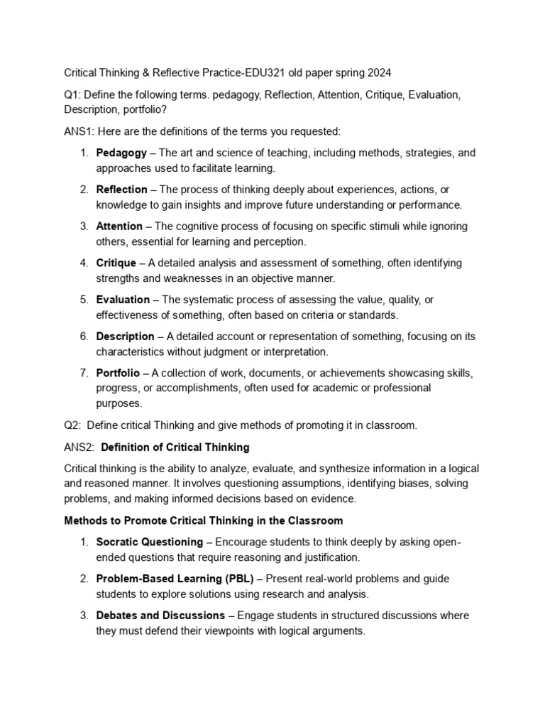 Critical Thinking and Reflection in Education | PDF | Critical Thinking | Thought