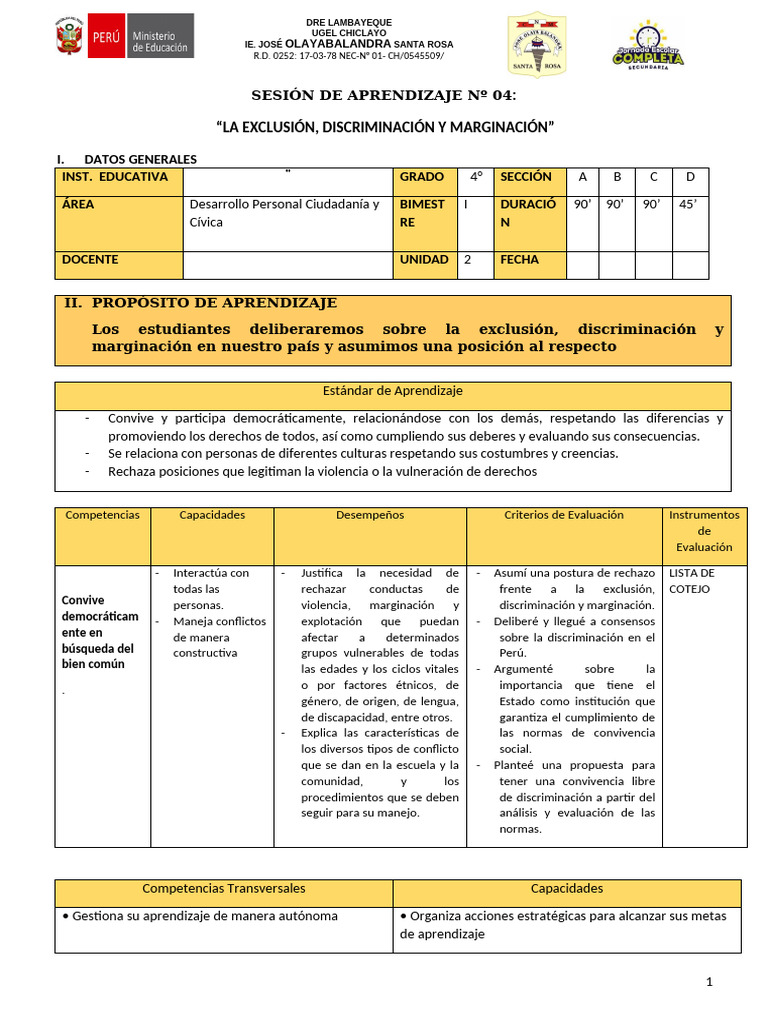 Sesion N°04 - DPCC - 4to - 2025 | PDF | Discriminación | Exclusión social