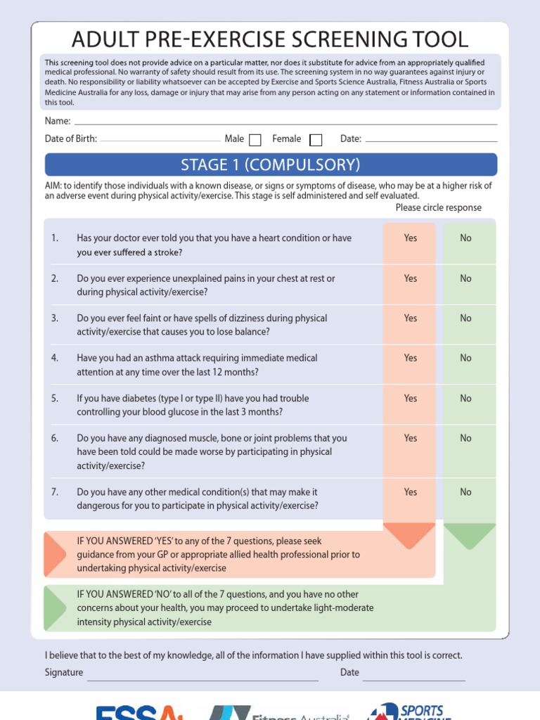 ESSA Adult Pre-Exercise Screening Tool | PDF | Aerobic Exercise ...