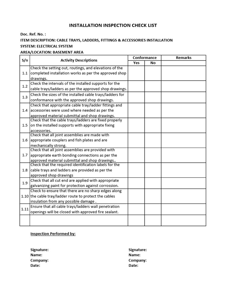 Installation Inspection Check List | PDF