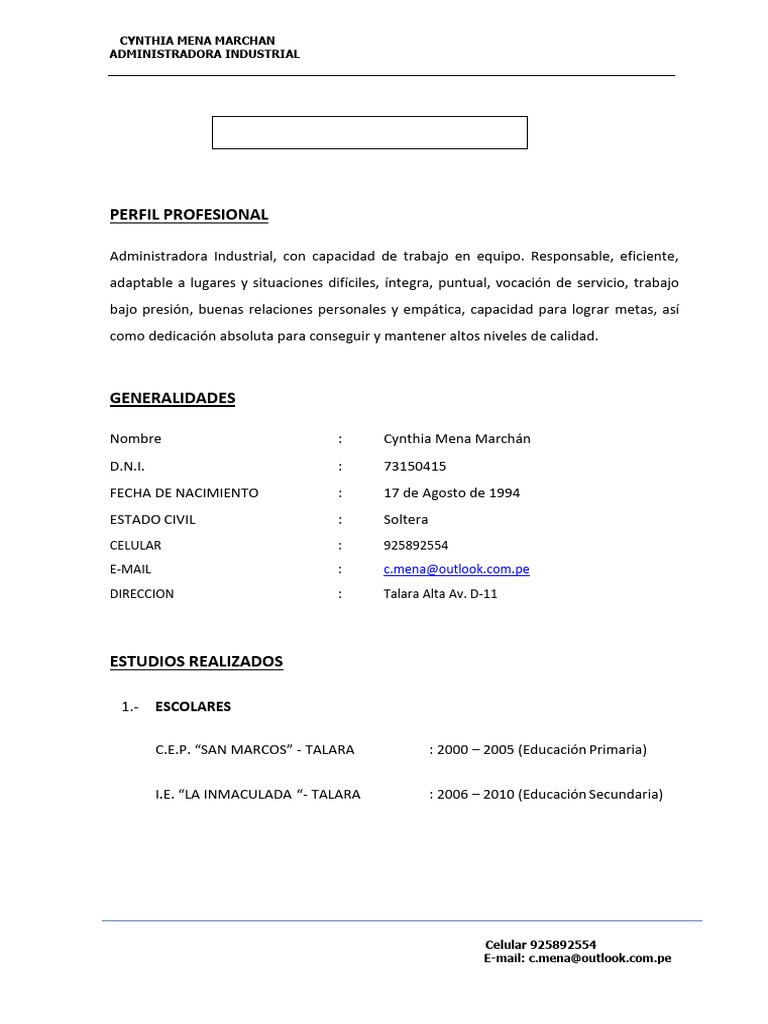 CV - Cynthia - Mena - Marchan - Talara | PDF | Logística ...