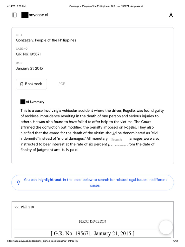 Gonzaga v. People: Reckless Imprudence Case | PDF | Crimes | Crime ...