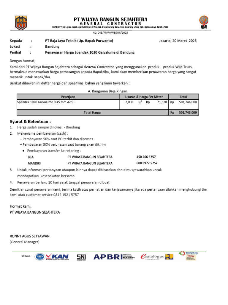 045 Penawaran Harga Spandek Galvalume - Bandung | PDF