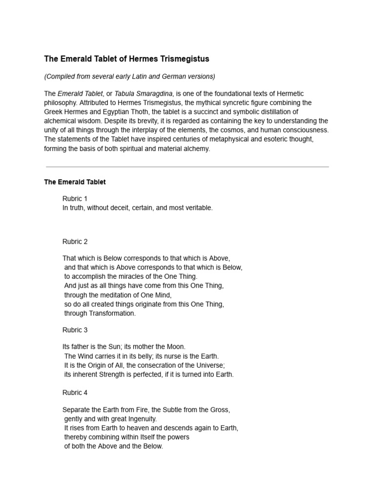 The Emerald Tablet of Hermes Trismegistus (Rubrics) | PDF