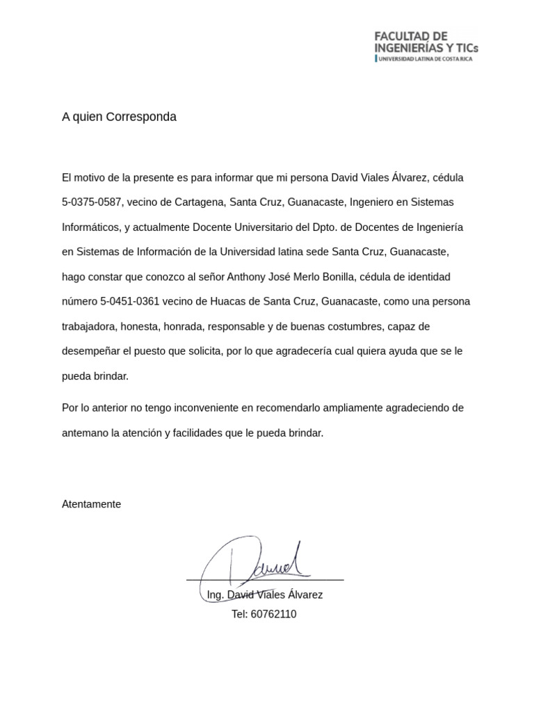 Recomendación Laboral para Anthony Merlo | PDF