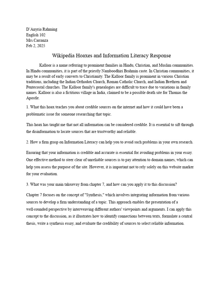 Wikipedia Hoaxes and Information Literacy Response | PDF