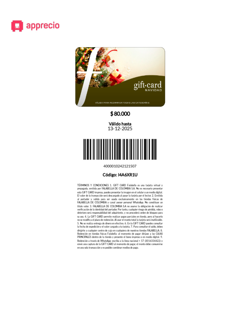 Gift Card Falabella 4000010242121507 1734980307 | PDF