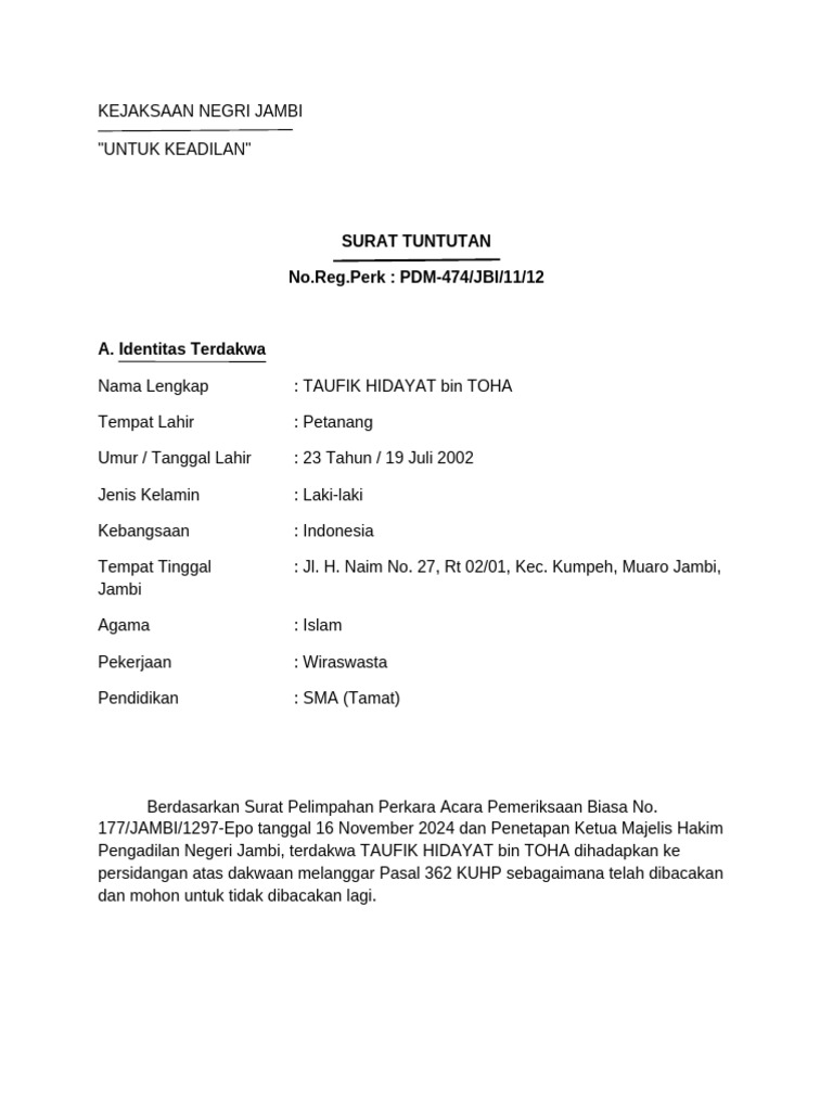 Tuntutan Pidana Pencurian Taufik Hidayat | PDF