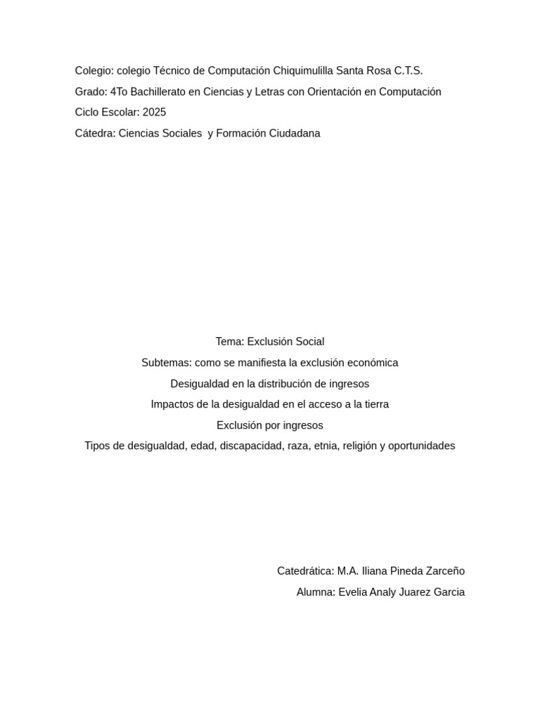 Colegio Exclusión Social Evelia Analy Juarez Garcia Eajg | PDF ...