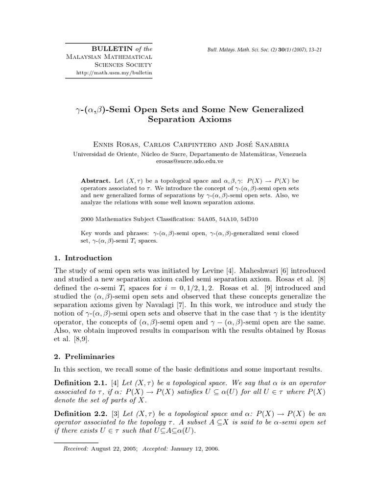 5-ɣ-(α,β)-semi open sets and some new generalized separation axioms | PDF | Mathematical ...