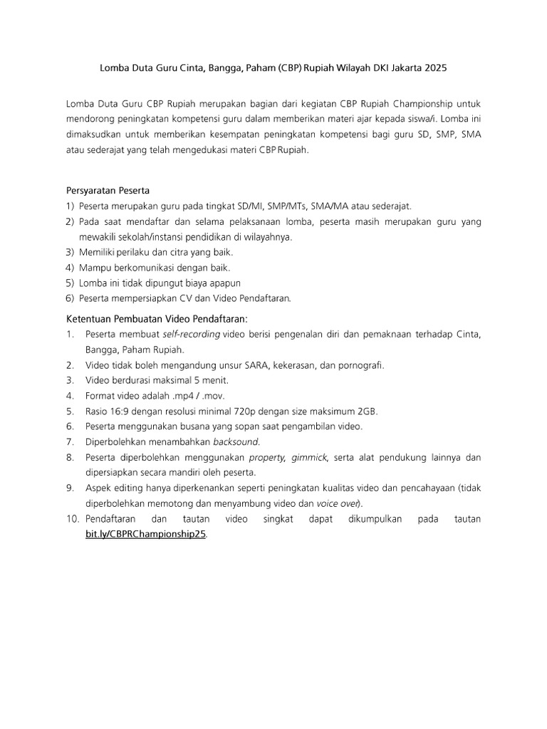 Lomba Duta Guru Cinta, Bangga, Paham (CBP) Rupiah Wilayah DKI Jakarta 2025 | PDF