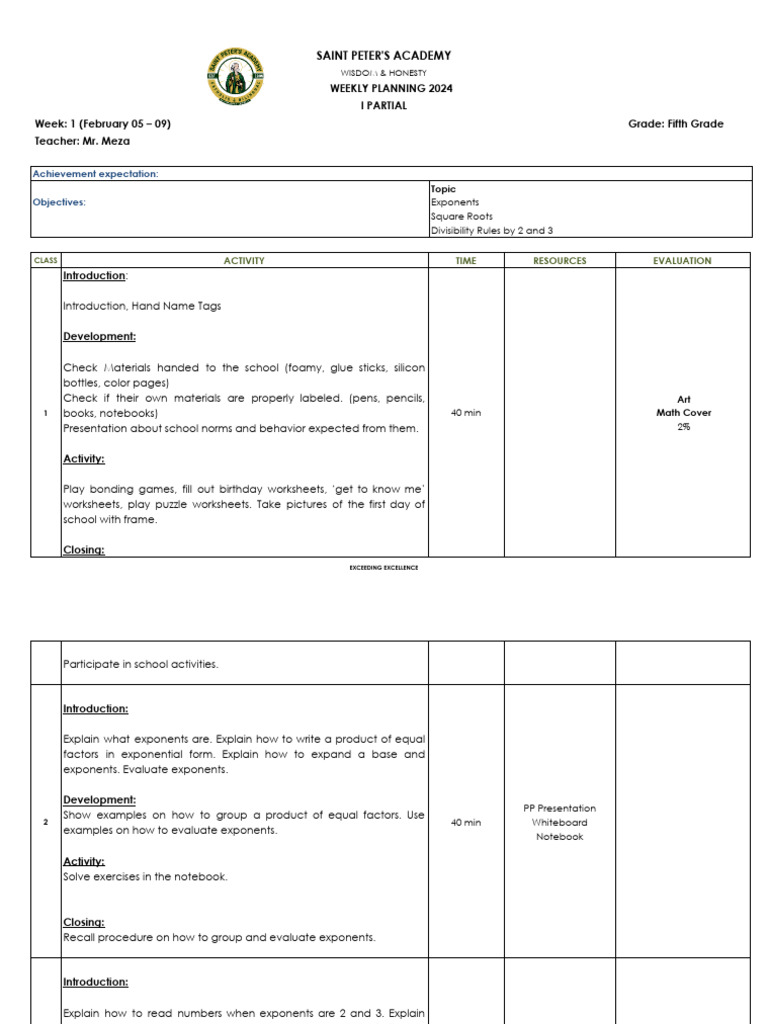 Fifth Grade Math Weekly Planning 2024 | PDF | Exponentiation | Mathematics