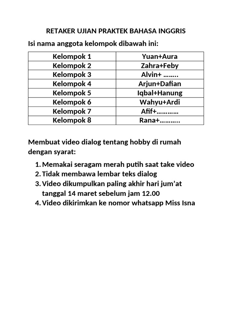 Retaker Ujian Praktek Bahasa Inggris | PDF