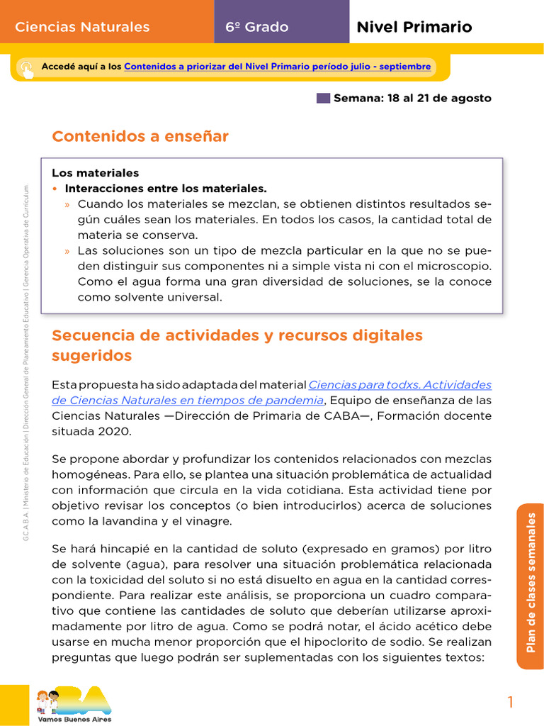 42817c Plan Clases Prim Csnat 6 Q2ago | PDF | Vinagre | Blanqueador