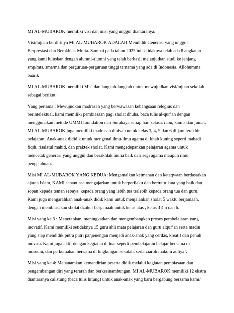 Misi Unggul MI Al-Mubarak dalam Pendidikan | PDF