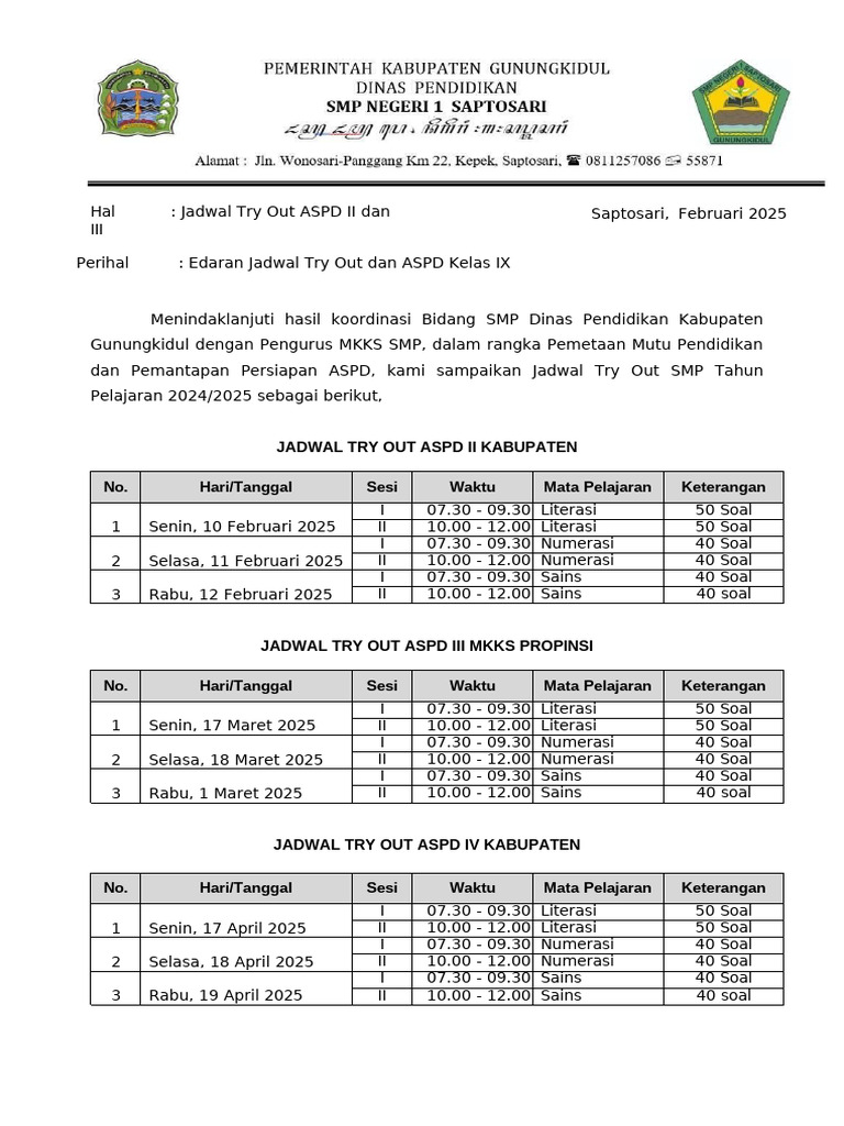 Jadwal Try Out ASPD II Dan III Tahun Pelajaran 2024 - 2025 | PDF