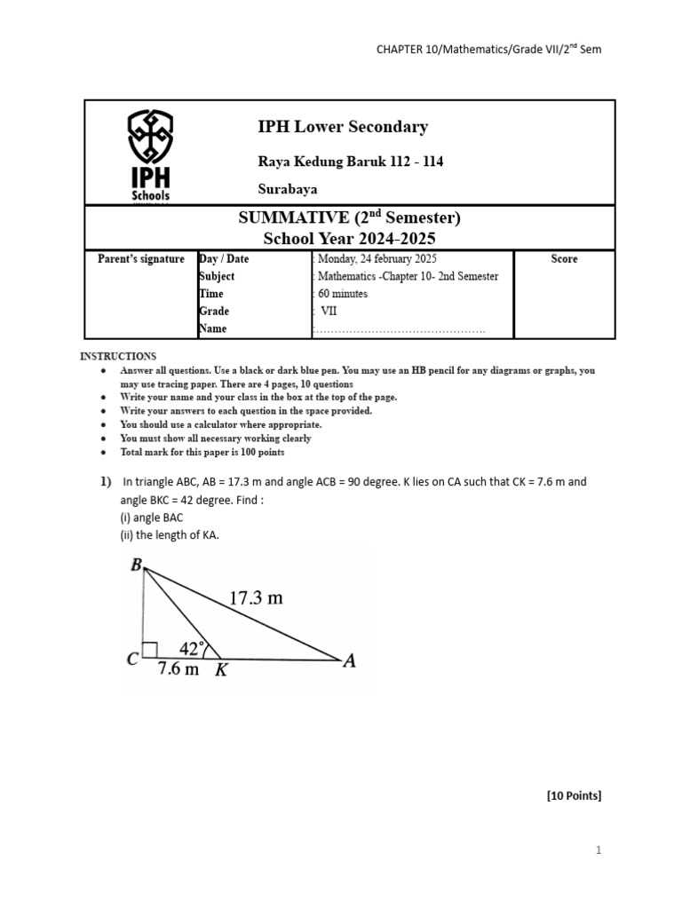 Grade VII Mathematics Exam - Chapter 10 | PDF