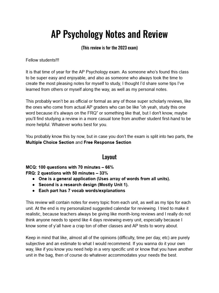 AP Psychology Exam Study Notes 2023 | PDF | Memory | Emotions
