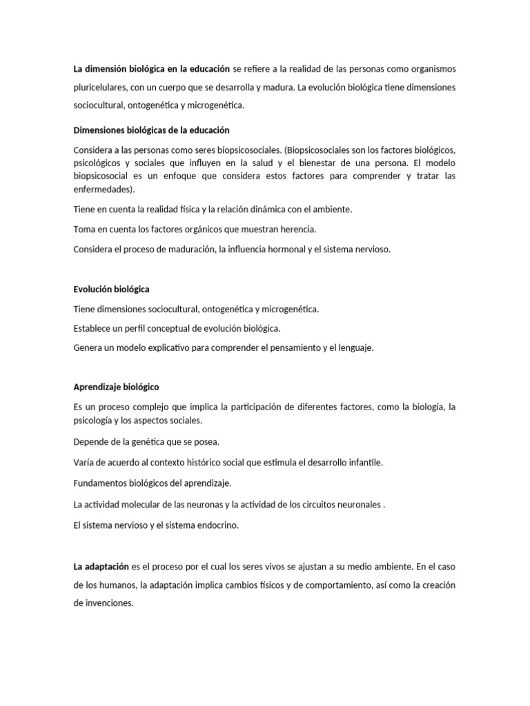 Dimensión Biológica en La Educación | PDF | Adaptación | Biología