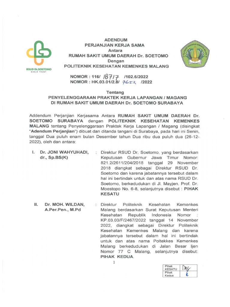 MOA 2022 - Poltekkes Kemenkes Malang - RSUD Dr. Soetomo (Addendum) | PDF