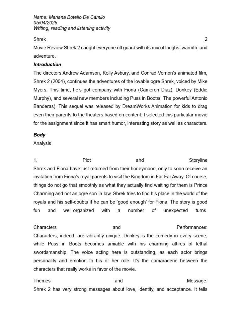 Writing, Reading and Listening Activity - Mariana | PDF