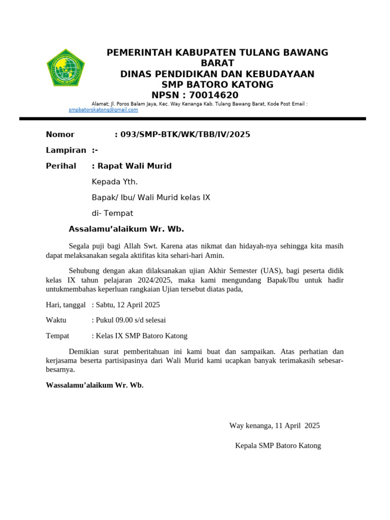 Surat Undangan Rapat Wali Murid | PDF