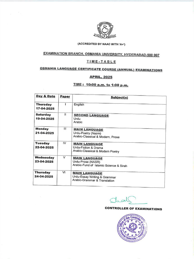 OU OLCC, PDC, BA (Languages) & MA (Languages) Time Tables April 2025 | PDF