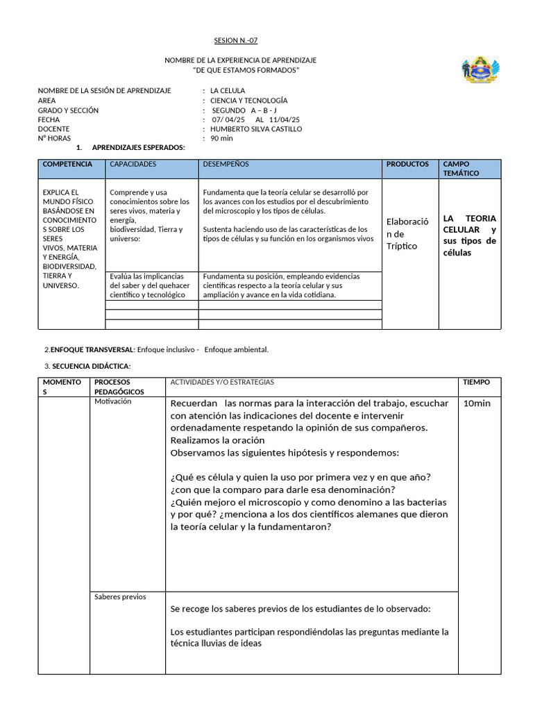 SESION 07 DE APRENDIZAJE SEGUNDO - Docx La Teoria Celular | PDF | Aprendizaje | Maestros