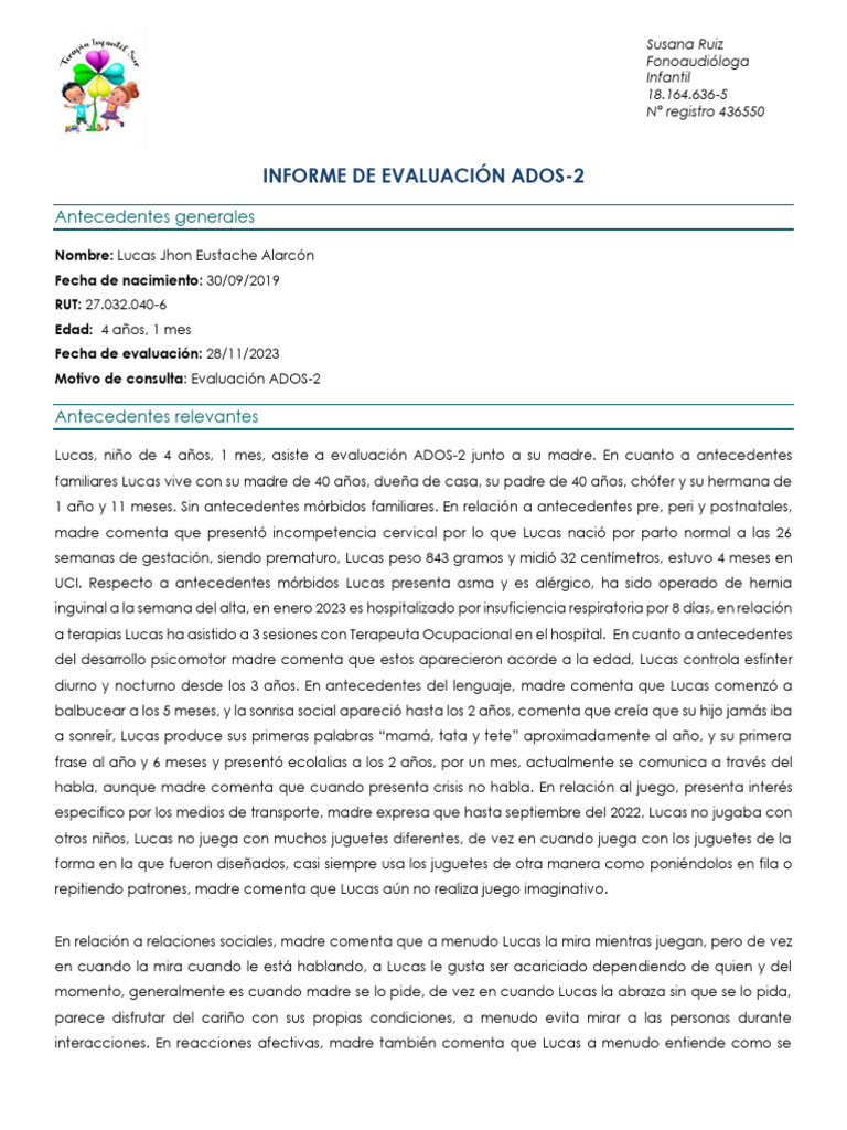 Informe de Evaluación ADOS-2 de Lucas Eustache | PDF | Autismo ...